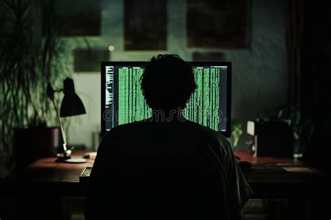 Programmer Working Late Night Coding On Computer Screen Green Code Dark