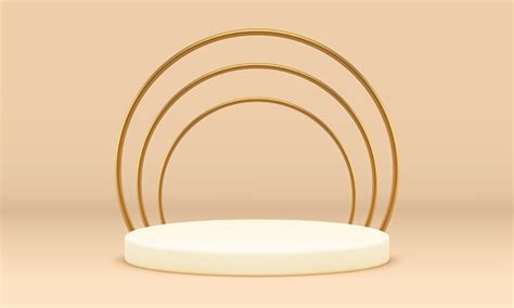 3d 받침대 라운드 베이지 재단 프리미엄 어워드 아레나 골든 프레임 미니멀리스트 스튜디오 배경 3차원 형태에 대한 스톡 벡터