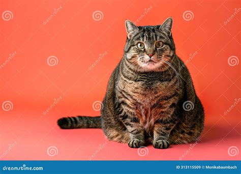 Severely Overweight Fat Tabby Cat On Teal Blue Studio Background Stock