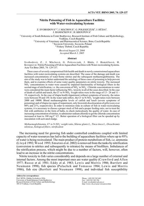 Pdf Nitrite Poisoning Of Fish In Aquaculture Facilities With Water