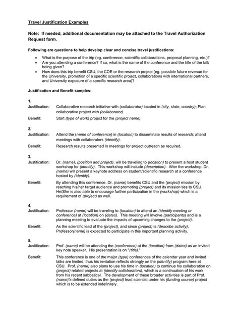Travel Justification Examples
