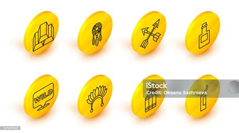 세트 라인 다이너마이트 폭탄 깃털이 달린 인도 머리 장식 와일드 웨스트 포인터 데킬라 병 교차 화살표 드림 캐처 및 골드 바 아이콘 벡터 3차원 형태에 대한 스톡 벡터 아트