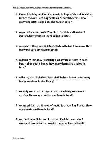 Reasoningword Problems Multiplying 2 Digit Number By A 1 Digit