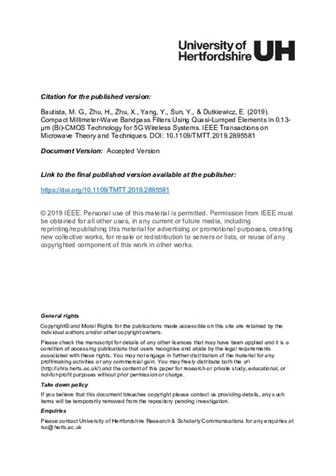 Pdf Compact Millimeter Wave Bandpass Filters Using Quasi Lumped Elements In 013 μm Bi Cmos