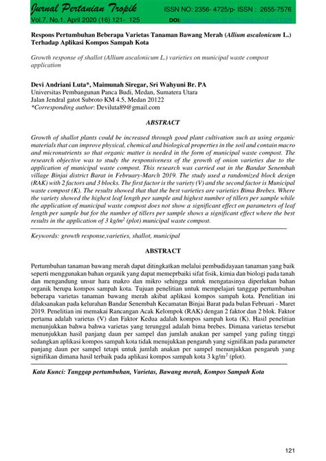 (PDF) Growth response of shallot (Allium ascalonicum L.) varieties on municipal waste compost ...