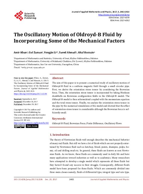 Pdf The Oscillatory Motion Of Oldroyd B Fluid By Incorporating Some