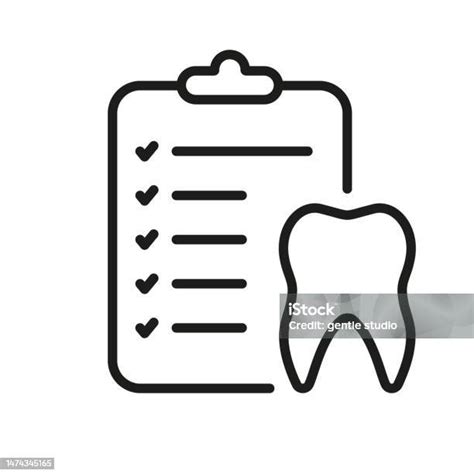 치과 검진 라인 아이콘입니다 치아 및 체크리스트 치아 검사 개념 의료 보고서 선형 픽토그램 치과 개요 기호입니다 치과 치료 기호입니다 편집 가능한 획 고립된 벡터 그림 건강