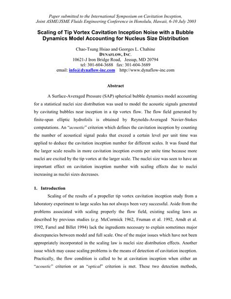Pdf Scaling Of Tip Vortex Cavitation Inception Noise With A Bubble
