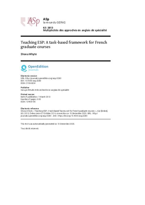 Pdf Teaching Esp A Task Based Framework For French Graduate Courses