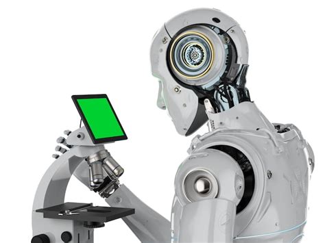 premium photo 3d rendering robot working on microscope with monitor
