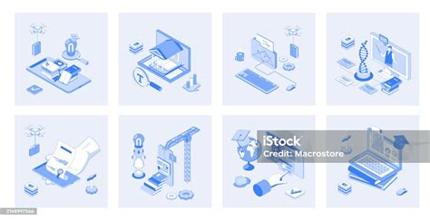 온라인 교육 웹용 등각 투영 아이콘 디자인으로 설정된 3d 등각 투영 개념 가상 도서관 독서 책 E러닝 플랫폼 비디오 수업 과학