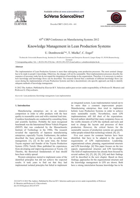 PDF Knowledge Management In Lean Production Systems