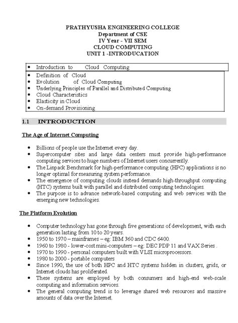Unit 1 Notes Prathyusha Engineering College Department Of Cse Iv Year Vii Sem Cloud