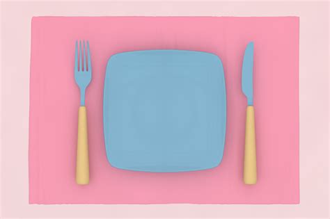 파란 접시 포크 나이프 분홍색 배경에 숟가락 평평 하다 최소한의 개념 3차원 형태에 대한 스톡 사진 및 기타 이미지 3차원 형태 개념 건강한 생활방식 Istock