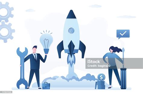 공동 창업자가 스타트업을 시작합니다 사업가들은 렌치와 드라이버를 들고 있습니다 새로운 비즈니스 프로젝트의 부상 로켓이 하늘에서