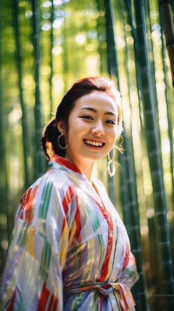 Mujer Japonesa Joven En Yukata Riendo En El Bosque De Bamb Foto Premium