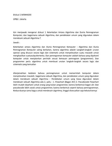 diskusi 1 msim4203 algoritma dan pemrograman diskusi 1 msim upbjj jakarta izin menjawab