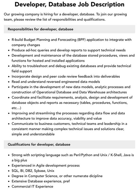 Developer Database Job Description Velvet Jobs