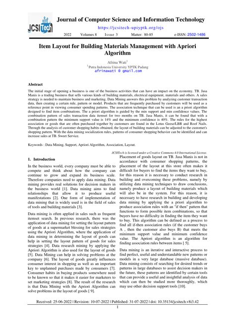 Pdf Item Layout For Building Materials Management With Apriori Algorithm