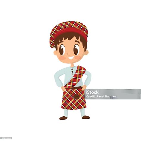 전통적인 스코틀랜드 킬 트 복장에서 어린 소년의 평면 벡터 아이콘입니다 셔츠 밝은 빨간색 체크 무늬 치마와 모자를 착용 하는 어린이 귀여운에 대한 스톡 벡터 아트 및 기타