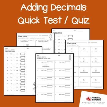 Adding Decimals Test Adding Decimals Quiz Worksheets TpT