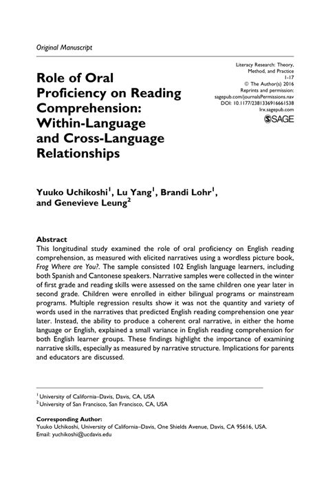 Pdf Role Of Oral Proficiency On Reading Comprehension Within Language And Cross Language