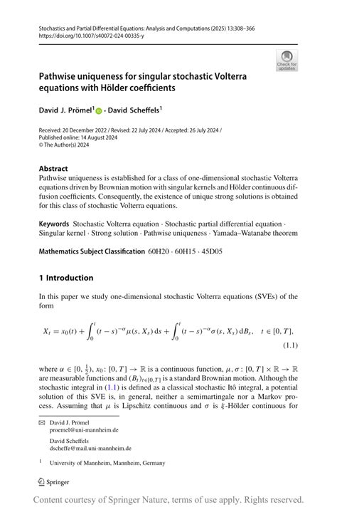 Pdf Pathwise Uniqueness For Singular Stochastic Volterra Equations With Hölder Coefficients