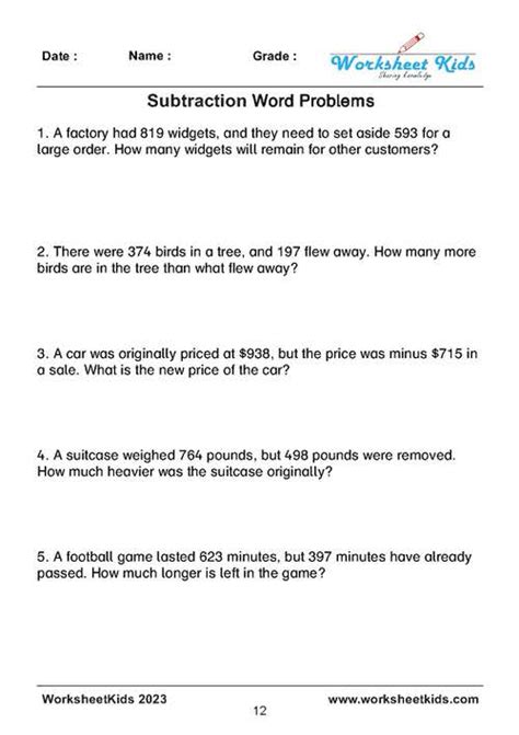 Subtraction Word Problems Worksheets Kindergarten To Grade 6