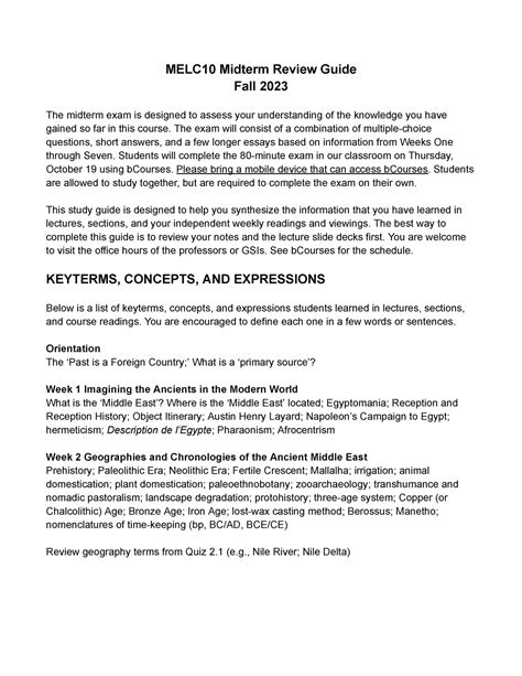 2023 Midterm Study Guide - MELC10 Midterm Review Guide Fall 2023 The midterm exam is designed to ...