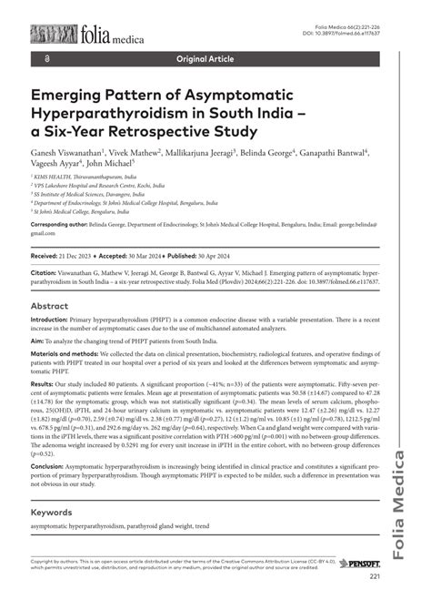 Pdf Emerging Pattern Of Asymptomatic Hyperparathyroidism In South