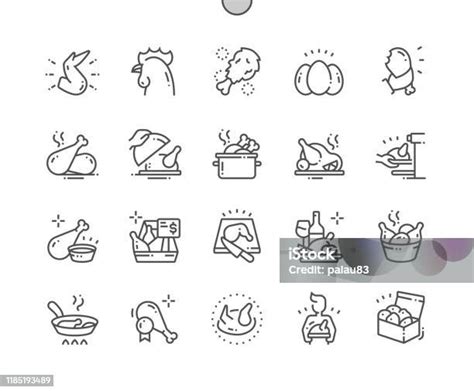 치킨 잘 만들어진 픽셀 완벽한 벡터 얇은 라인 아이콘 30 웹 그래픽 및 응용 프로그램을위한 그리드 2x 간단한 최소한의 그림 닭에 대한 스톡 벡터 아트 및 기타 이미지