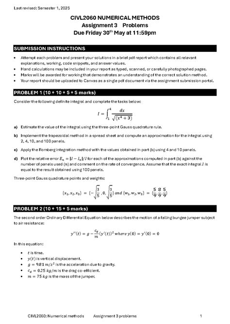 Civl2060 Numerical Methods Assignment 3 Problem Set For Semester 1