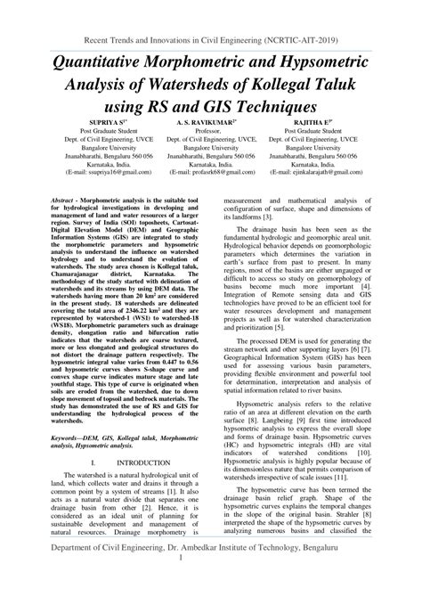 Pdf Quantitative Morphometric And Hypsometric Analysis Of Watersheds Of Kollegal Taluk Using