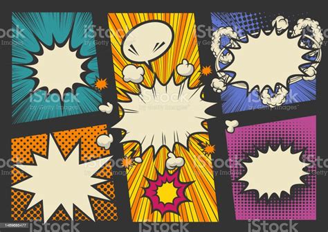 레트로 팝 아트 만화책 잡지 연설 거품 풍선 상자 메시지 슈퍼 히어로 판매 배너 빈 연설 거품 세트 벡터 일러스트 하프 톤 책 디자인 3차원 형태에 대한 스톡 벡터 아트 및
