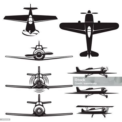 비행기 아이콘 의 집합입니다 복고풍 비행기 라벨 기호 엠블럼용 디자인 요소 벡터 일러스트레이션 프로펠러 비행기에 대한 스톡 벡터 아트 및 기타 이미지 Istock