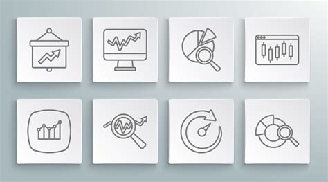 세트 라인 재무 성장 그래프 차트와 모니터 검색 데이터 분석 디지털 속도 미터 브라우저 주식 시장 및 보드 아이콘 벡터 0명에 대한 스톡 벡터 아트 및 기타 이미지 Istock