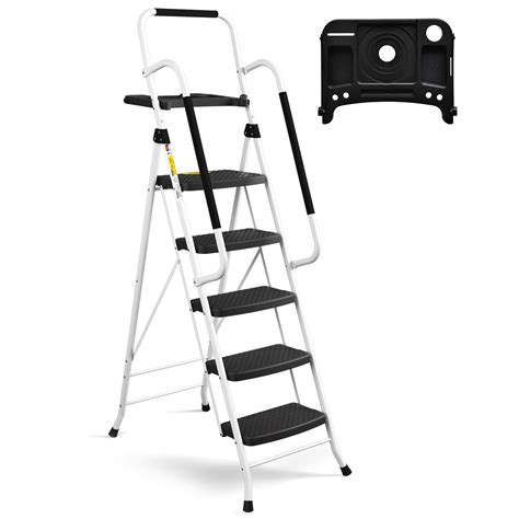 5 Step Ladder With Handrails Soctone Folding Step Stool With Tool Platform Sturdyand Portable