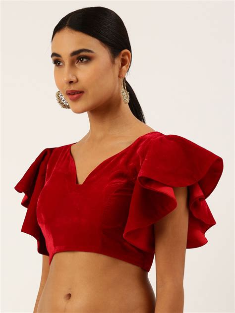 Womens Red Velvet Ruffle Sleeves Readymade Blouse Royal Dwells 34
