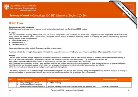 Igcse Literature Prose Scheme Of Work