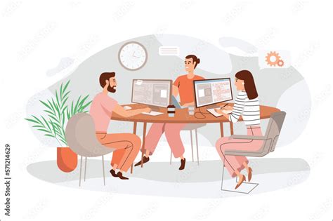 Programmers Working With People Scene In The Flat Cartoon Style Tree