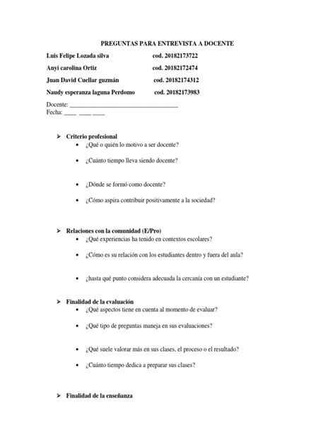 Preguntas Para Entrevista A Docentes Pdf