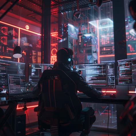 Hacker In Action Multimonitor Setup With Complex Code Displays