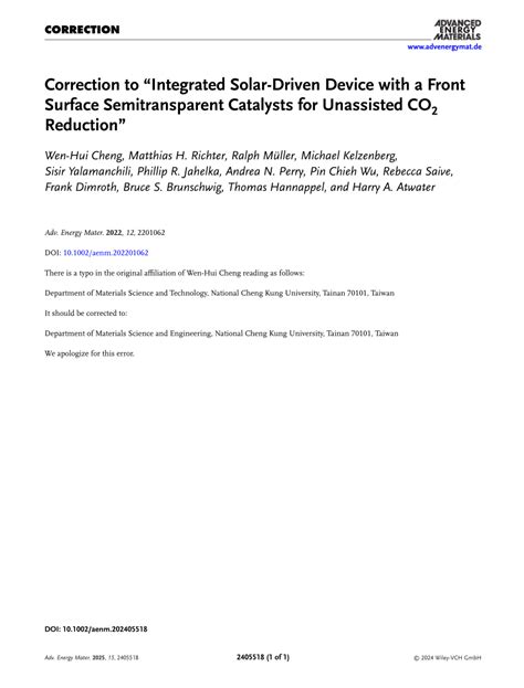 Correction To Integrated Solar‐driven Device With A Front Surface