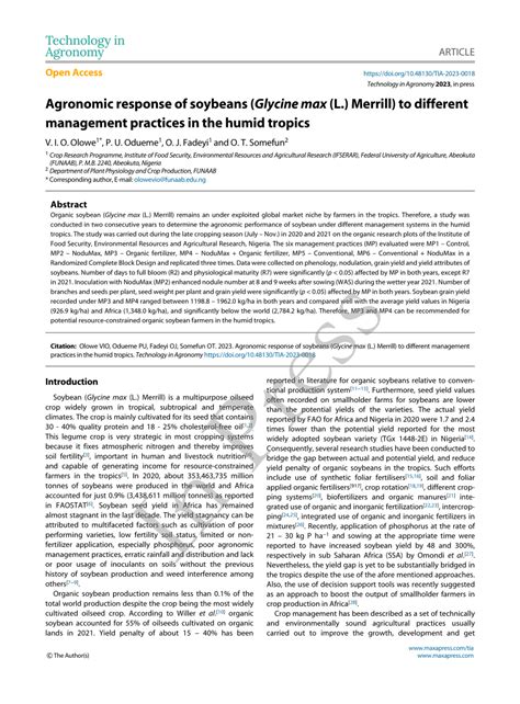 Pdf Agronomic Response Of Soybeans Glycine Max L Merrill To Different Management