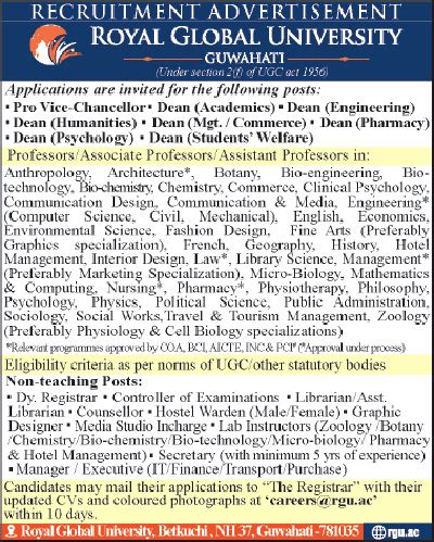 Royal Global University Faculty Jobs 2019 In Biotechlife Sciences