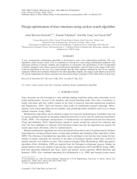 Pdf Design Optimization Of Truss Structures Using Cuckoo Search Algorithm