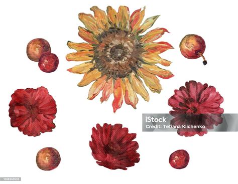 해바라기 패턴 꽃과 사과 패턴입니다 꽃 해바라기 유화 격리된 색상 배경입니다 섬유 벽지 포장지 색 가을에 대한 스톡 벡터 아트 및 기타 이미지 Istock