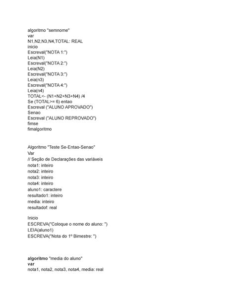 Algoritmo Bom Algoritmo Semnome Var N N N N TOTAL REAL Inicio Studocu