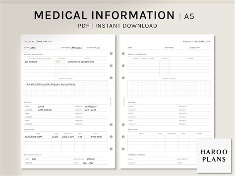 Medical Information Sheet A5 Printable Planner Inserts Etsy