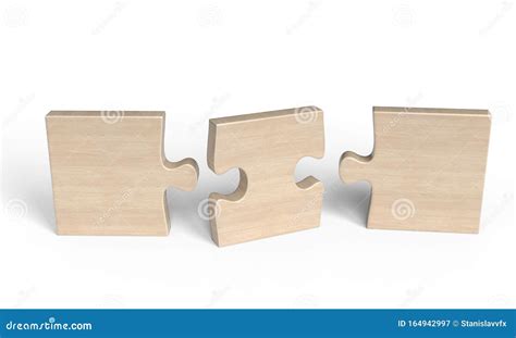 Three Pieces Of Wooden Puzzle Isolated On White Concept Of Connection